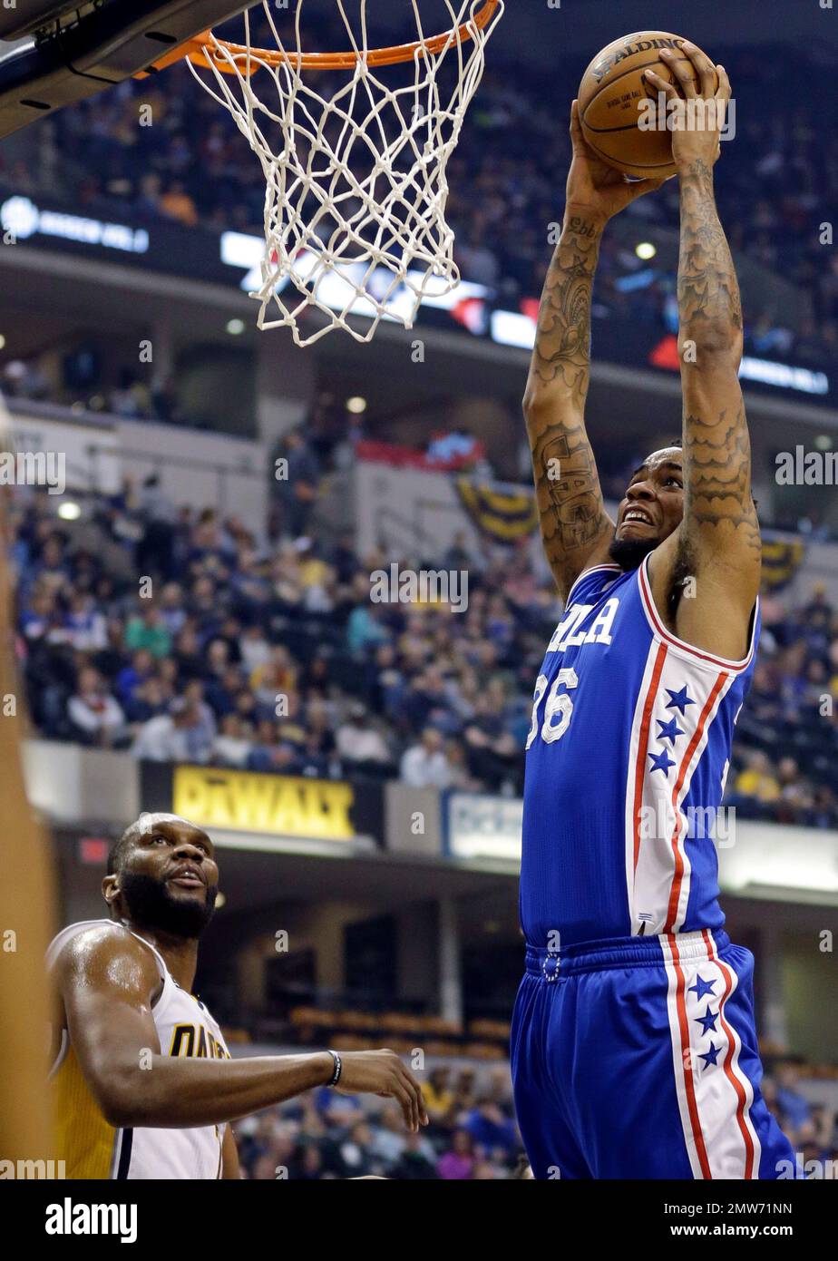 Philadelphia 76ers forward Shawn Long (36) goes up for a dunk over ...