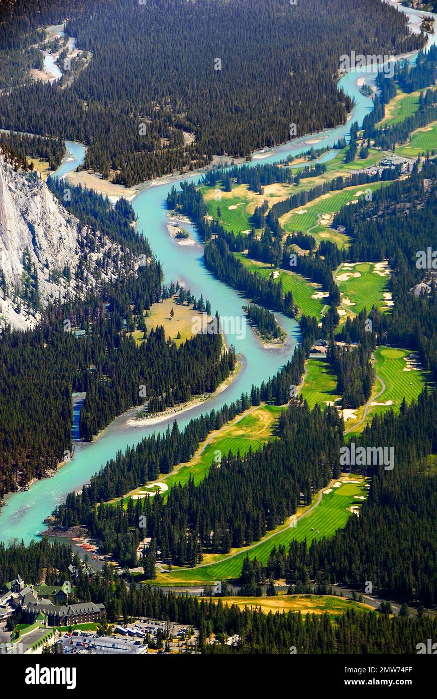Aerial View of Bow River and Fairmont Banff Springs Golf Course Banff ...