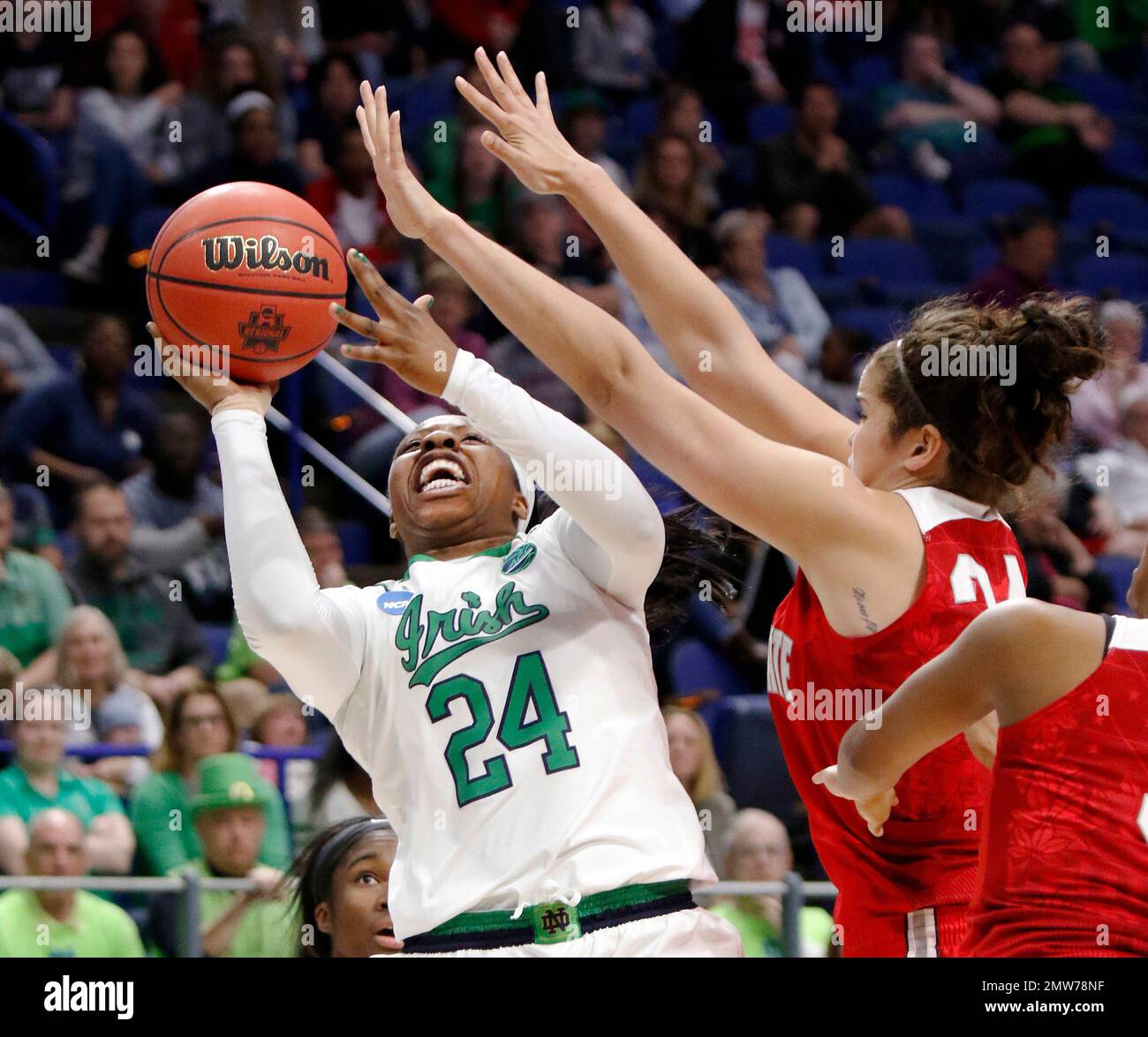Notre Dame's Arike Ogunbowale (24) shoots while defended by Ohio State ...