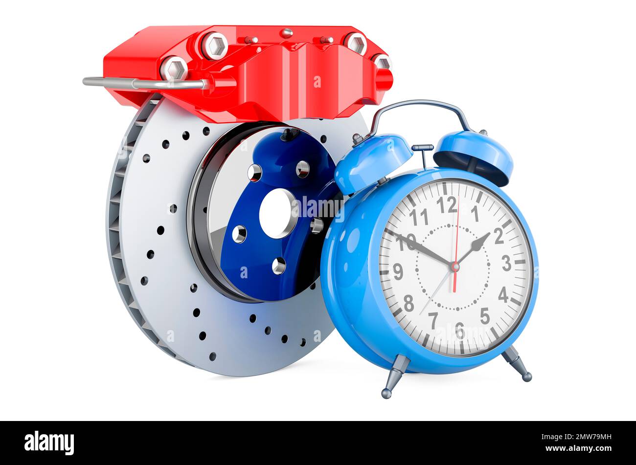 Car disc brake with alarm clock, 3D rendering isolated on white ...