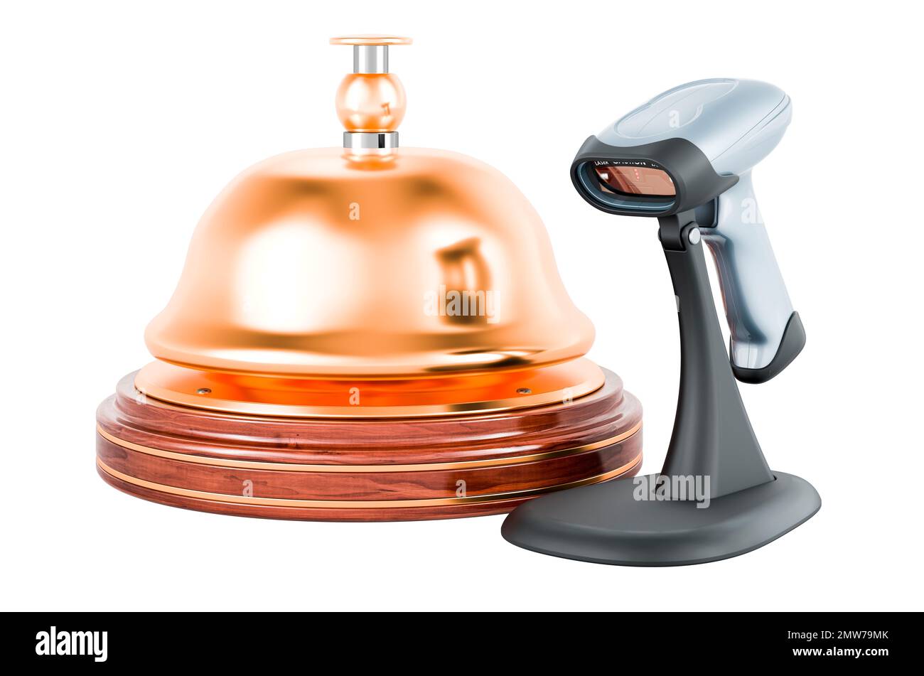 Bar code reader, scanner with reception bell. 3D rendering isolated on ...