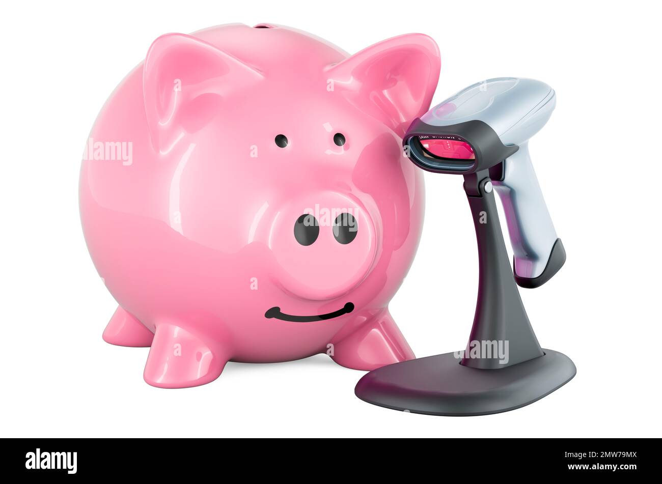 Bar code reader, scanner with piggy bank. 3D rendering isolated on ...