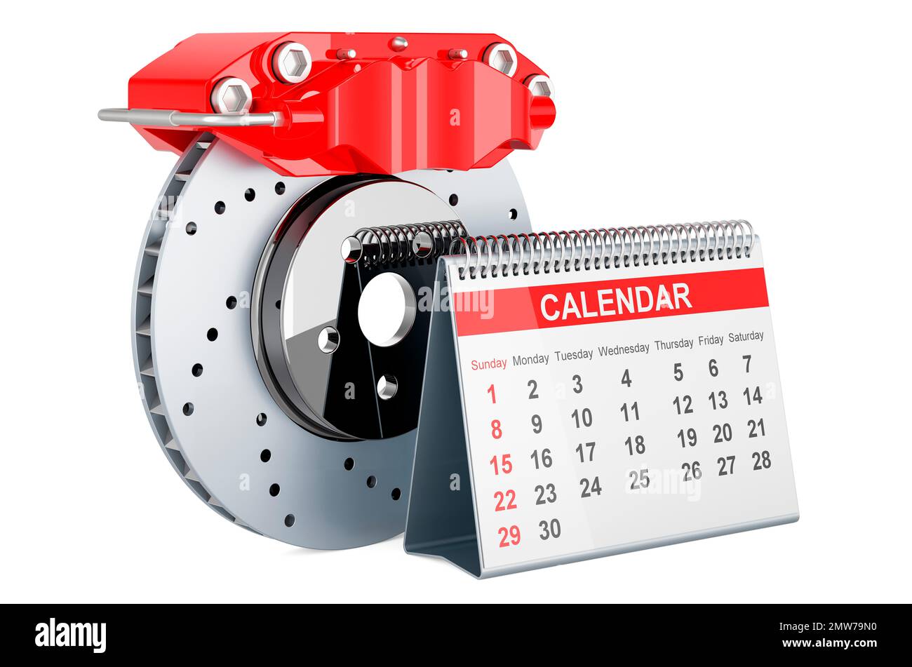 Car disc brake with desk calendar, 3D rendering isolated on white ...