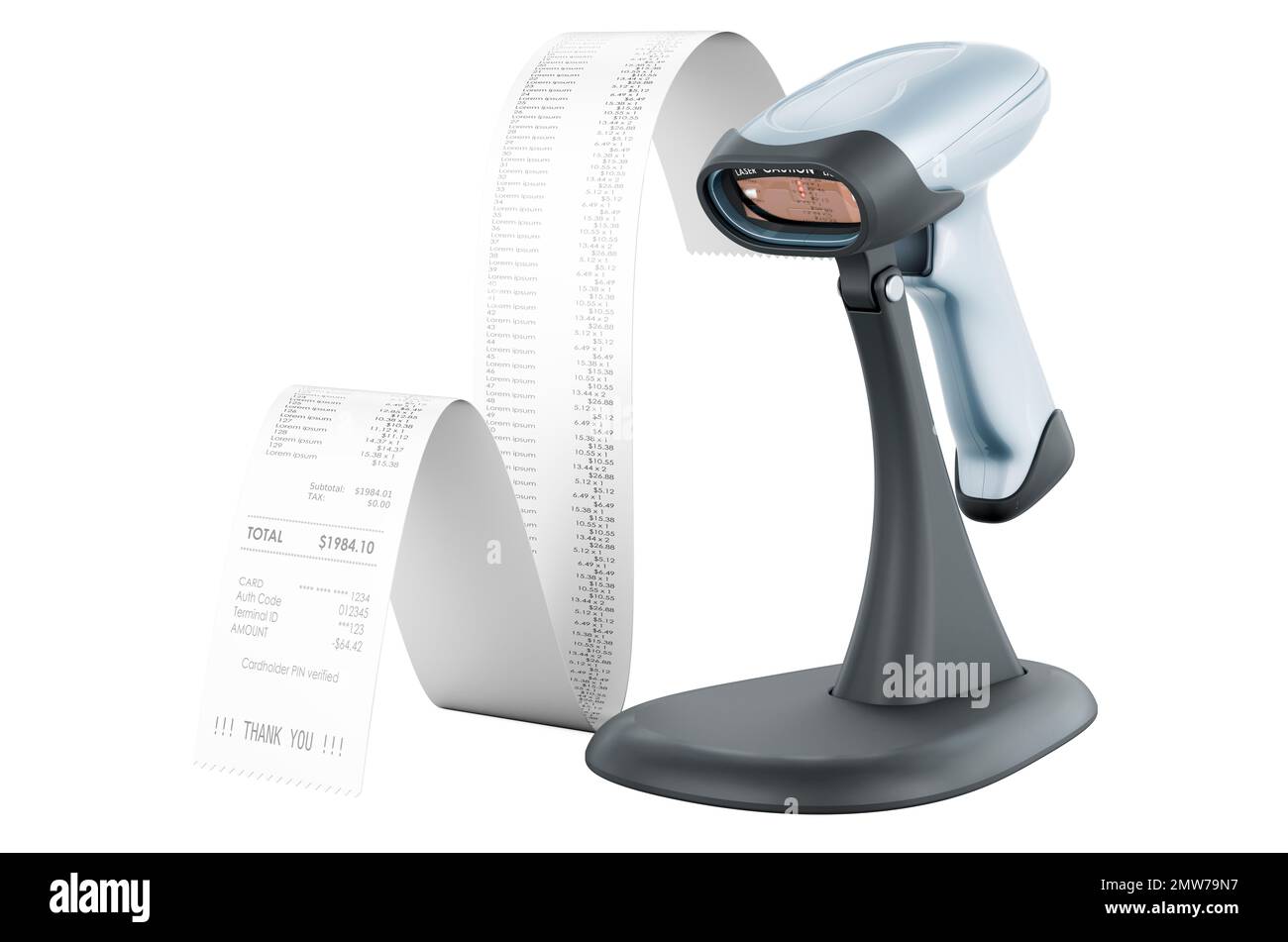 Bar code reader, scanner with printed receipt. 3D rendering isolated on ...