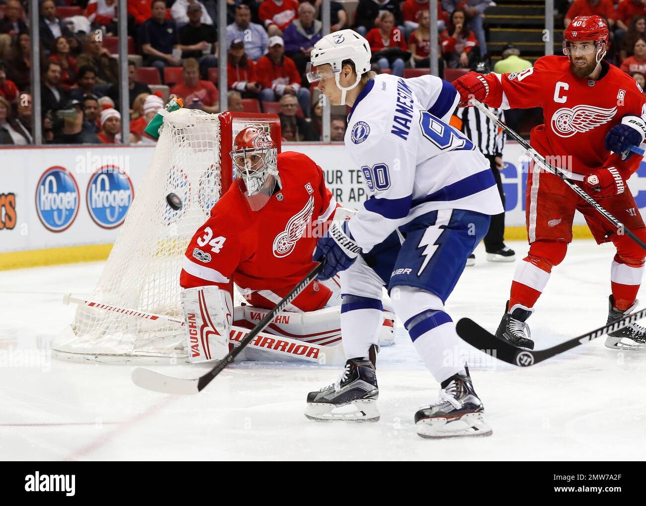 Detroit Red Wings goalie Petr Mrazek (34) deflects the puck as Tampa ...