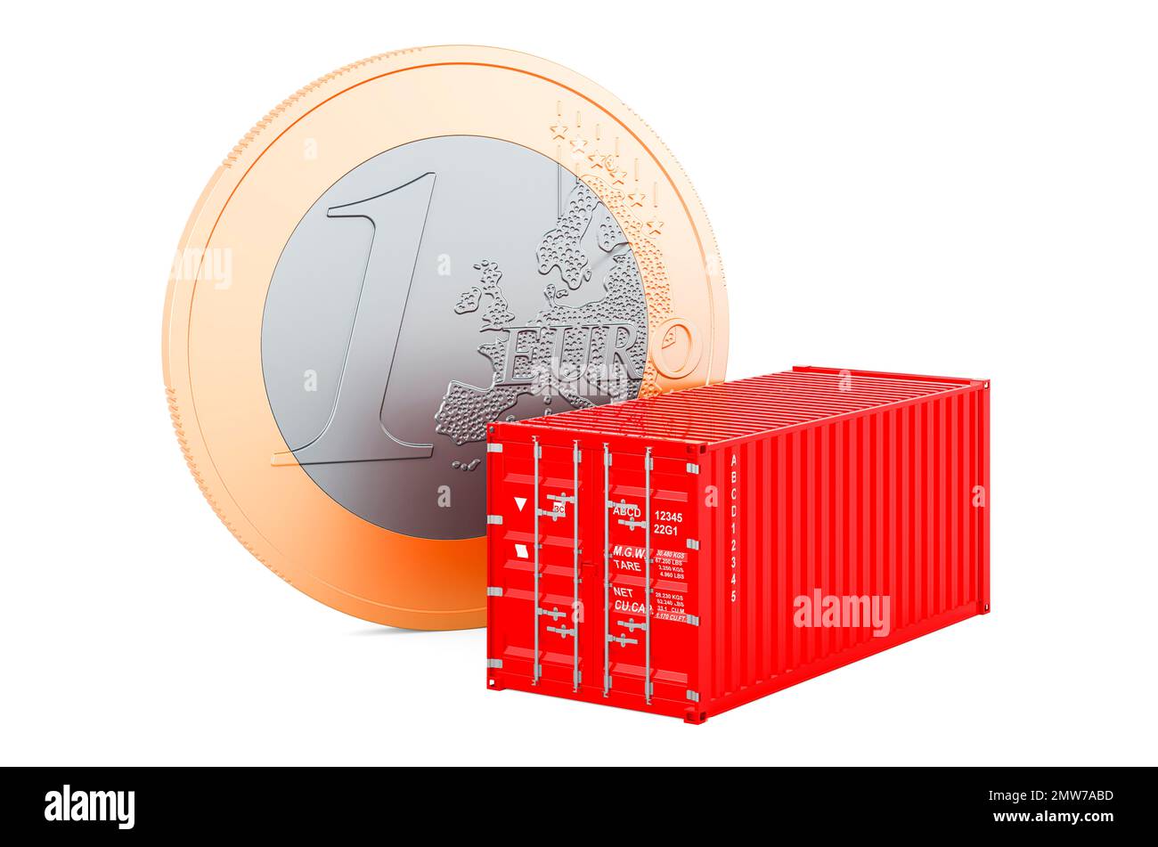 Cargo container with euro coin. 3D rendering isolated on white ...