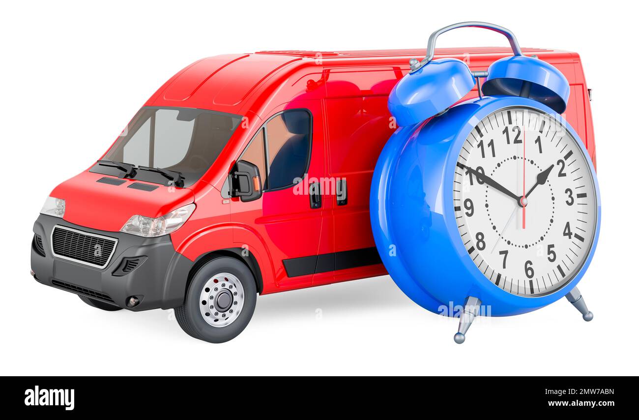 Commercial delivery van with alarm clock, 3D rendering isolated on ...