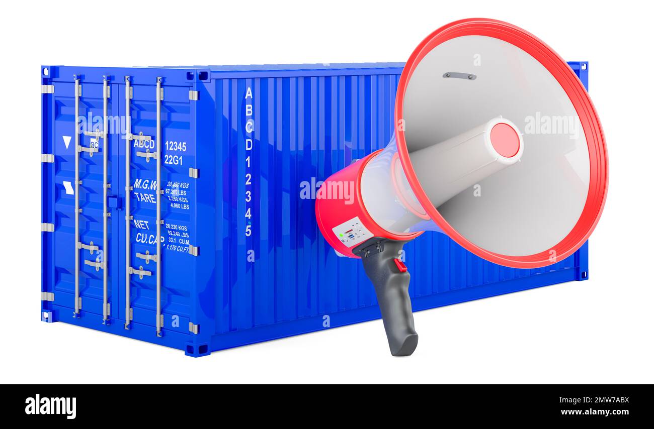 Cargo container with megaphone. 3D rendering isolated on white ...