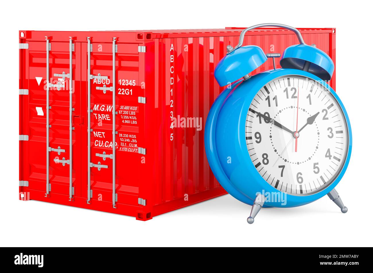 Cargo container with alarm clock. Fast delivery concept, 3D rendering ...