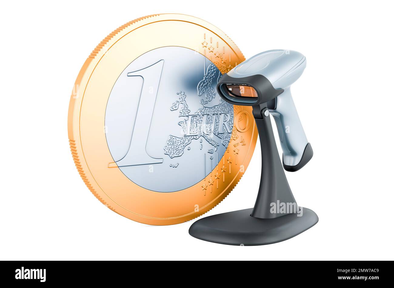 Bar code reader, scanner with euro coin. 3D rendering isolated on white ...