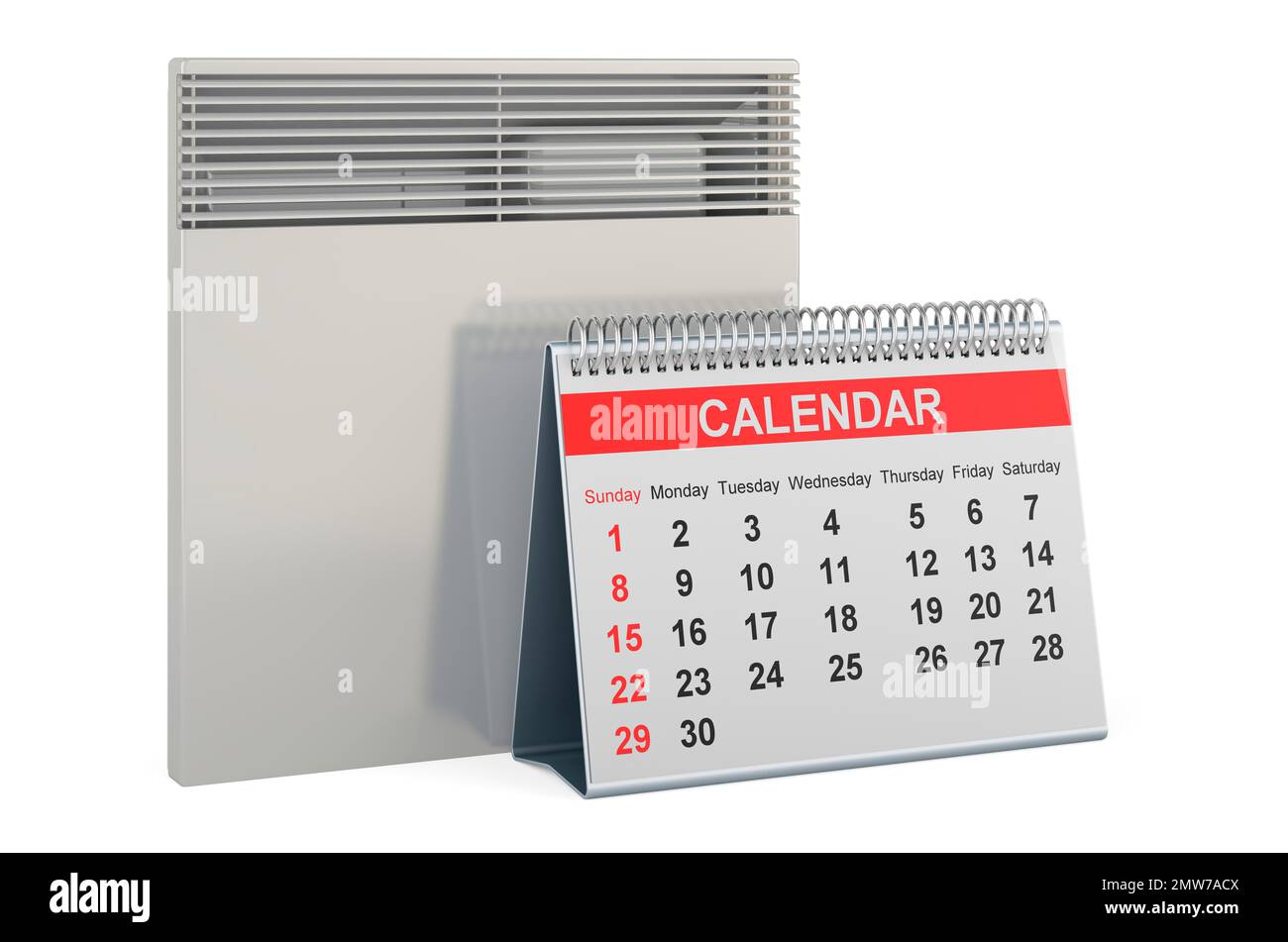 Convection heater with desk calendar. 3D rendering isolated on white ...