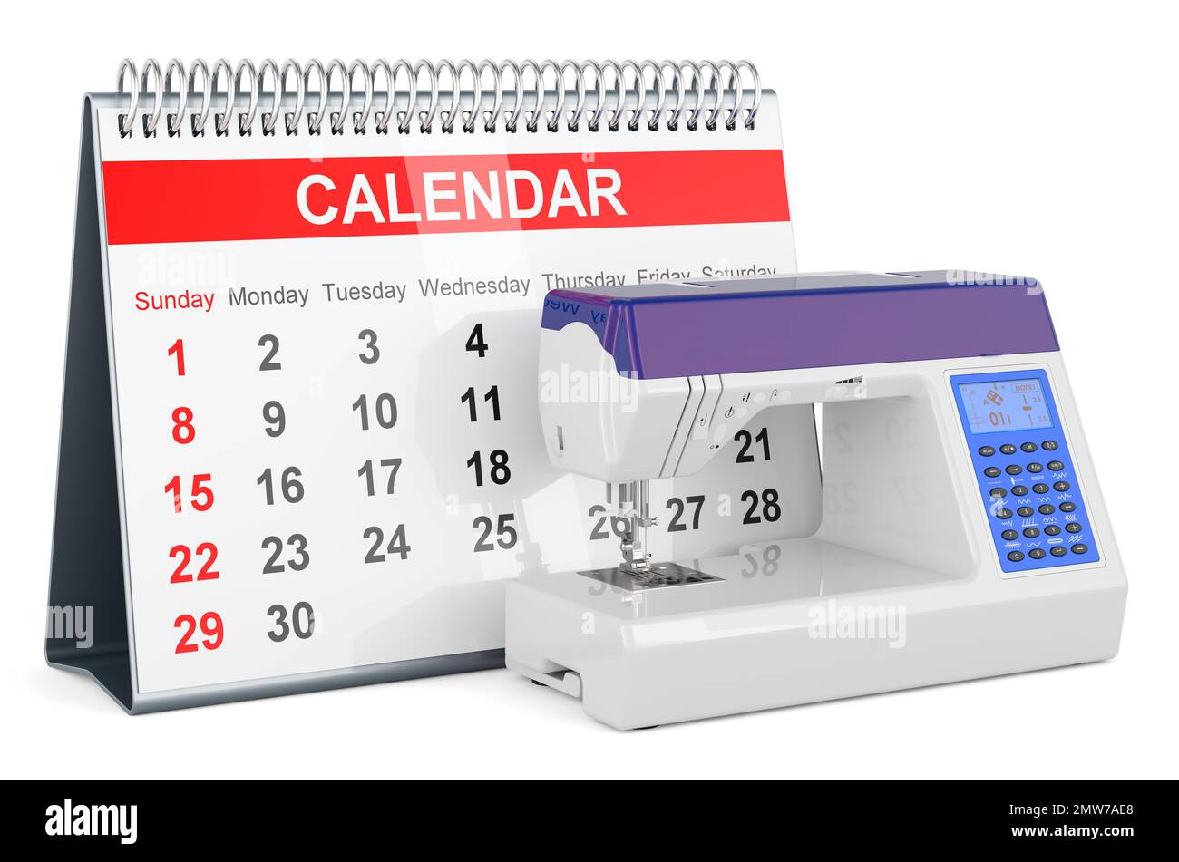 Desk calendar with sewing machine, 3D rendering isolated on white ...