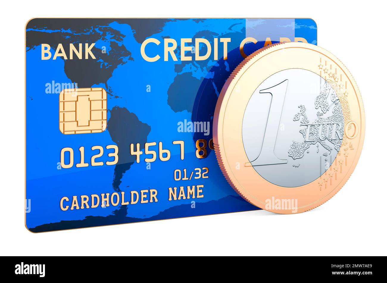 Credit card with euro coin, 3D rendering isolated on white background ...