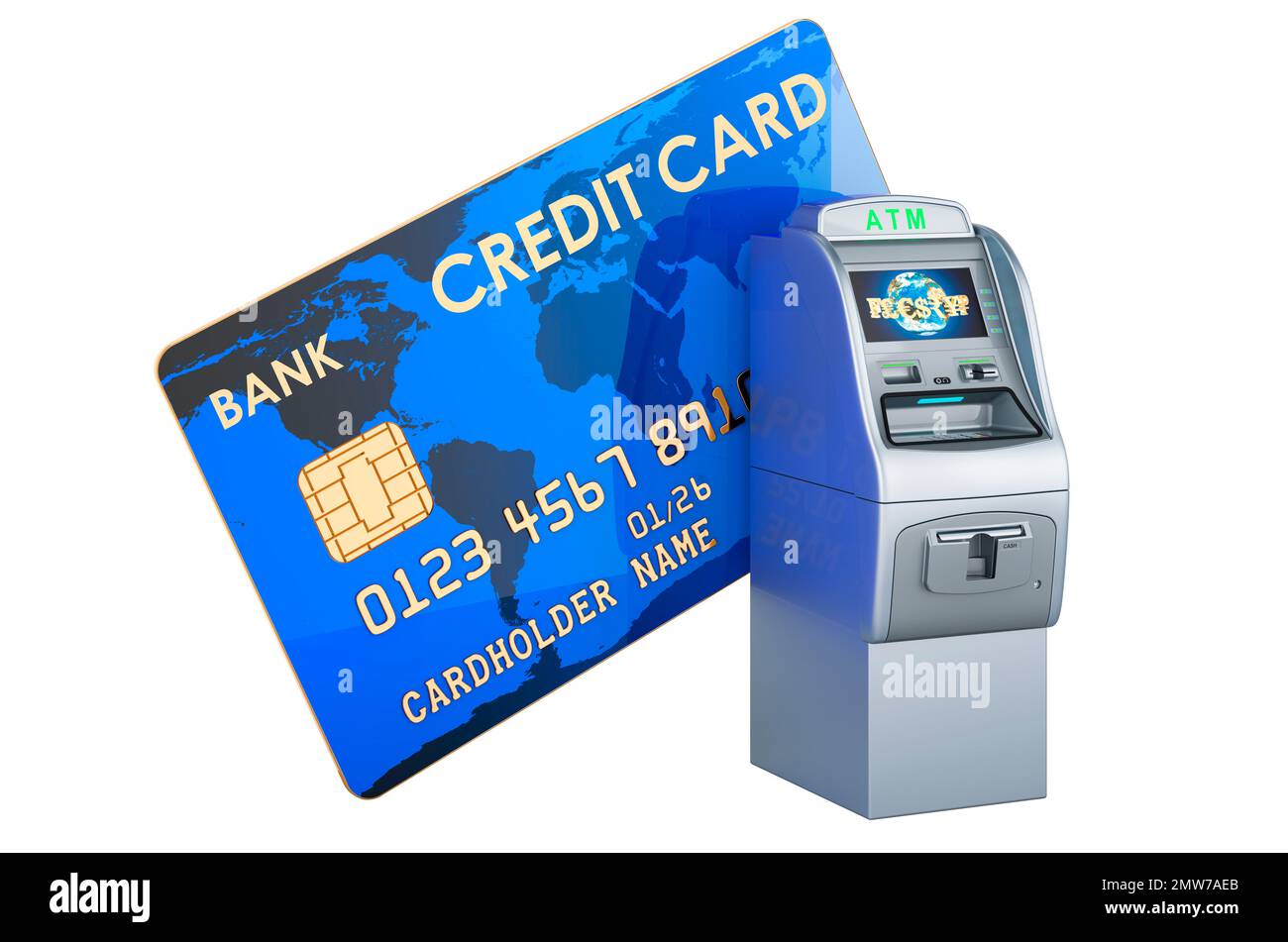 Credit card with ATM, automated teller machine, 3D rendering isolated on white background Stock ...