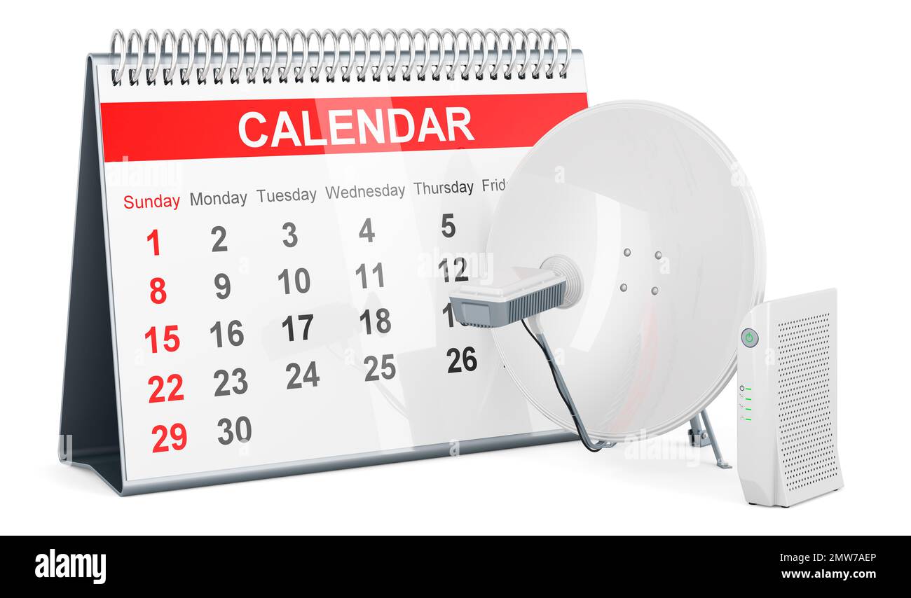 Desk calendar and communication satellite dish with satellite modem. 3D ...