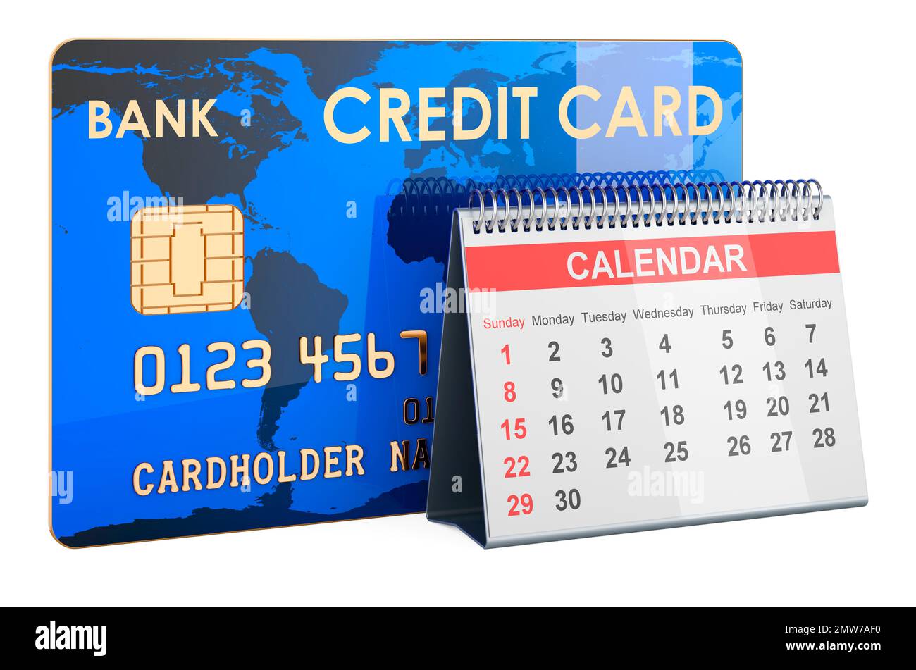 Credit card with desk calendar, 3D rendering isolated on white ...