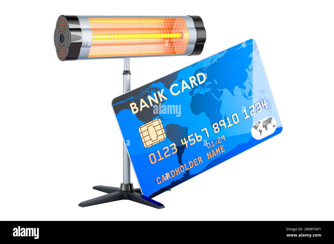 Halogen or infrared heater with credit card. 3D rendering isolated on ...