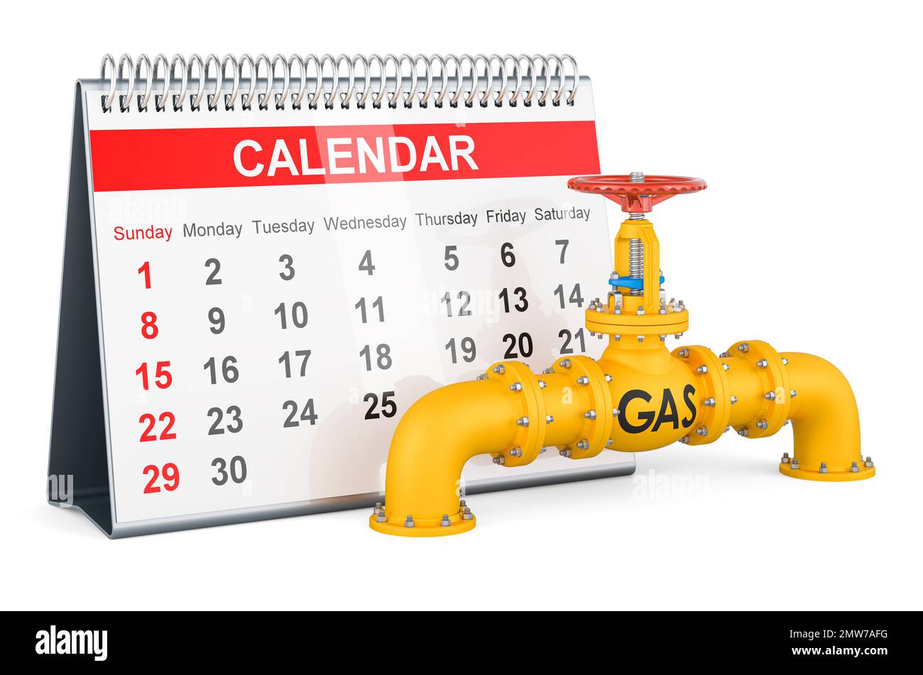 Gas pipeline with desk calendar, 3D rendering isolated on white ...