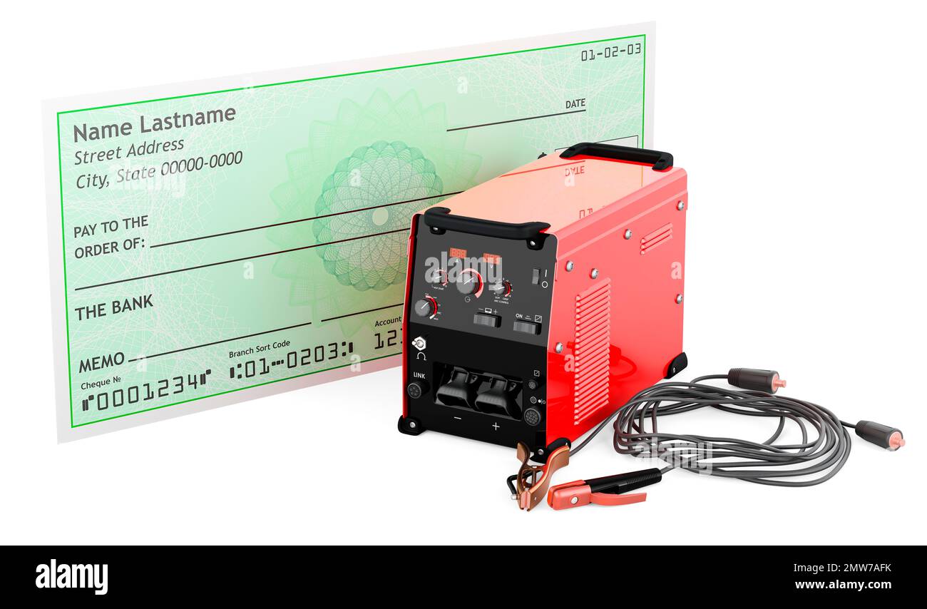 Multi-process welder machine with blank bank check. 3D rendering ...