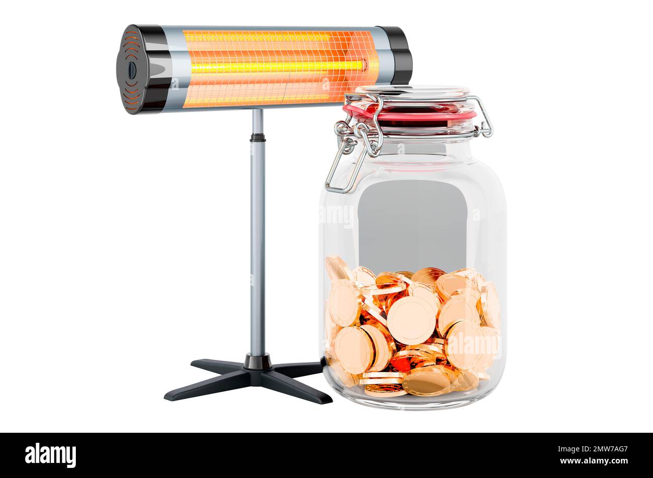 Electric Halogen or infrared heater with glass jar full of golden coins ...