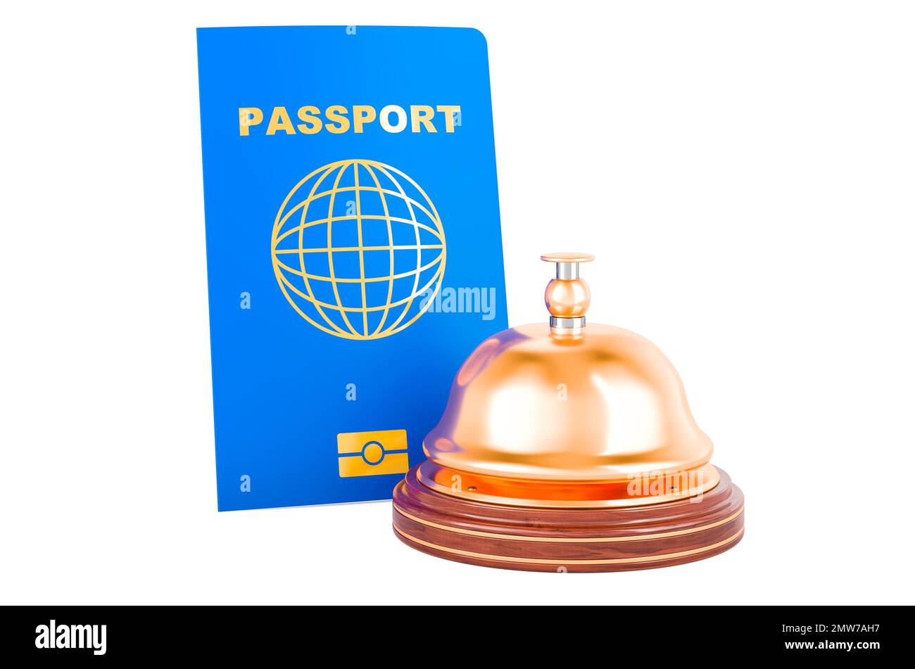 Passport with reception bell. Booking service and travel concept, 3D ...
