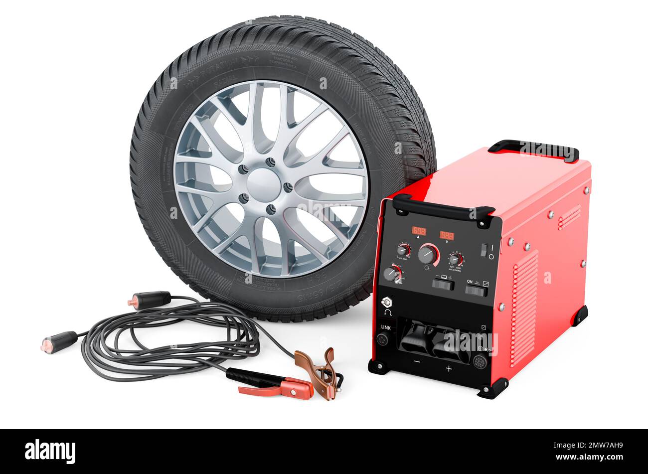 Multi-process welder machine with car wheel. 3D rendering isolated on ...