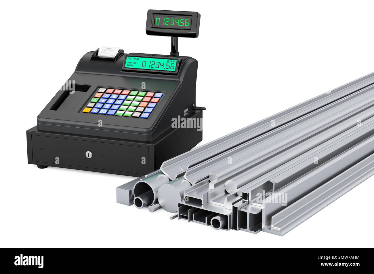 Rolled Metal Products with cash register, 3D rendering isolated on ...