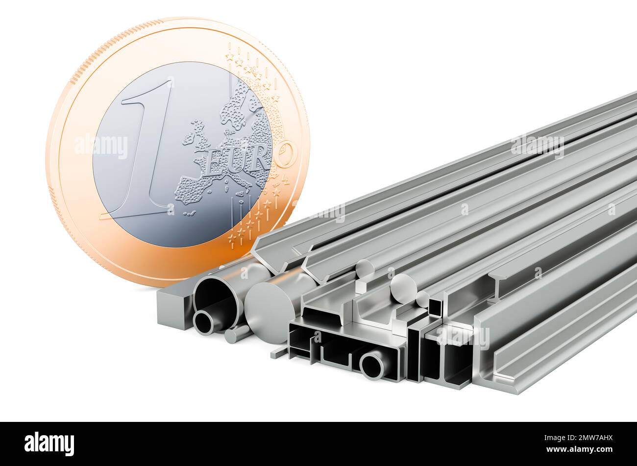 Rolled Metal Products with euro coin, 3D rendering isolated on white ...