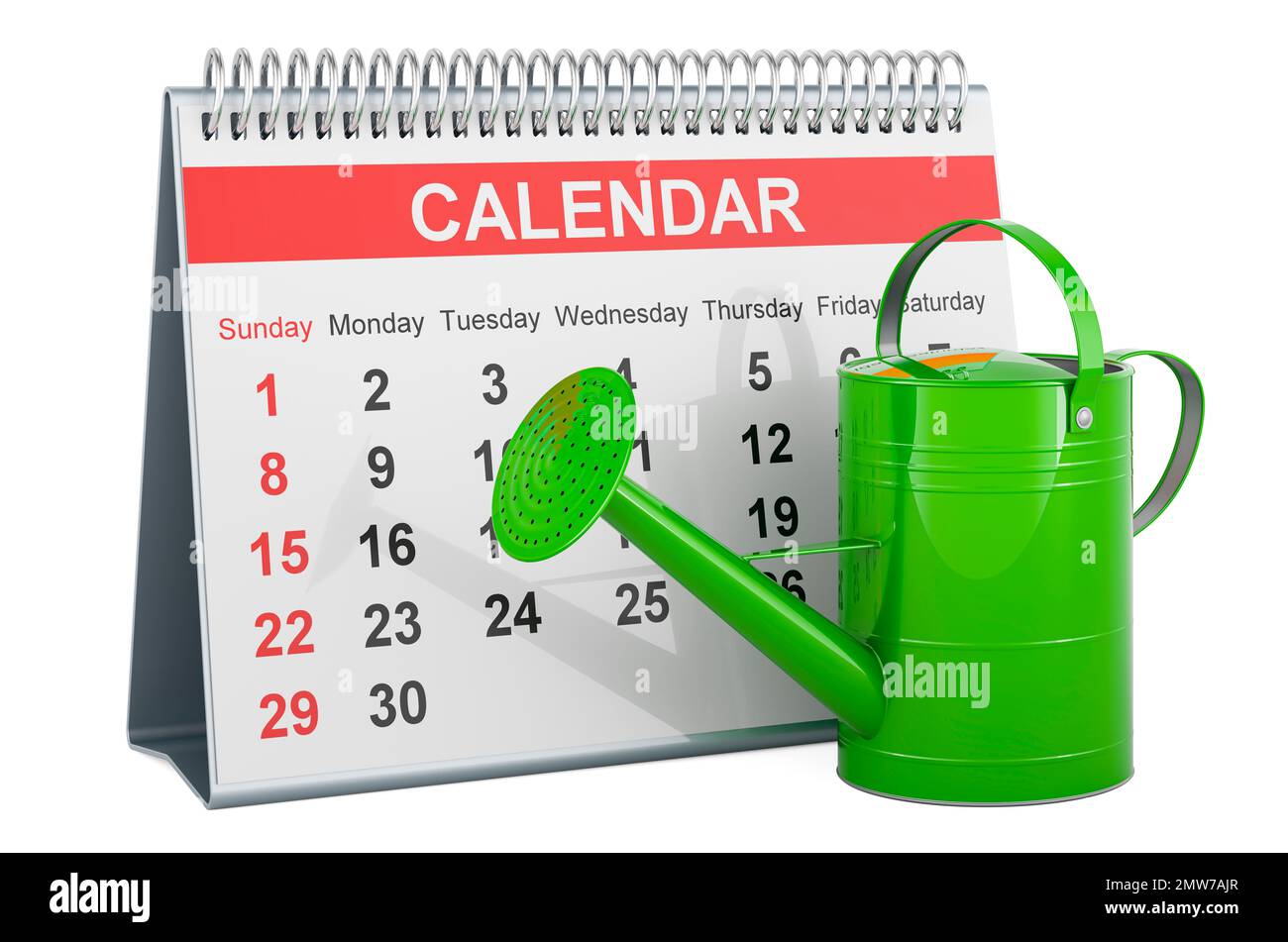 Watering can with desk calendar, 3D rendering isolated on white ...