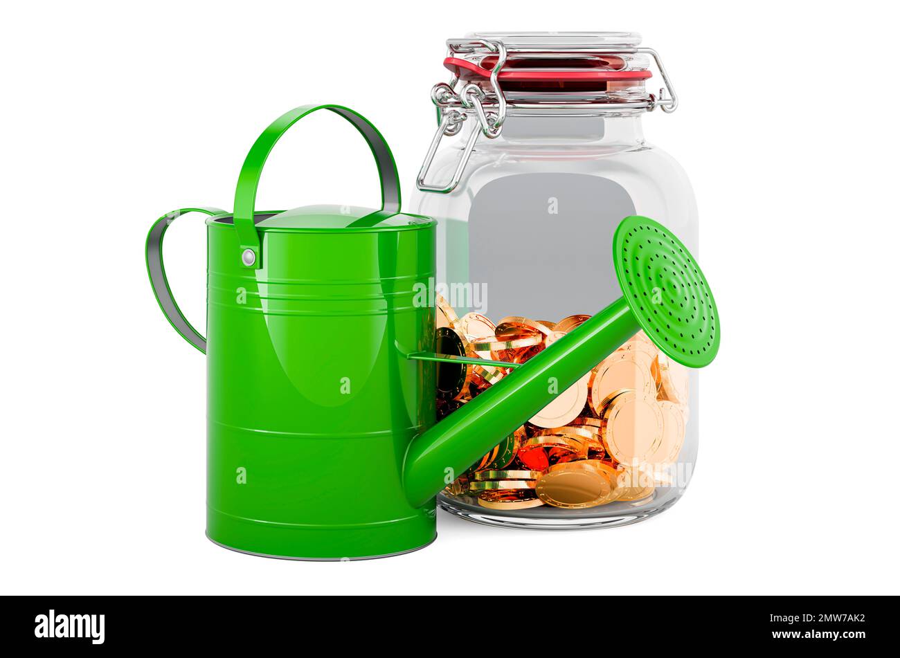 Watering can with glass jar full of golden coins, 3D rendering isolated ...