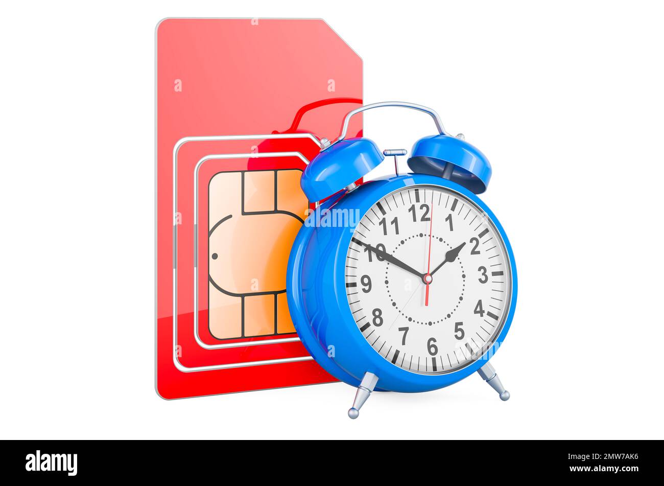 Sim card with alarm clock, 3D rendering isolated on white background ...
