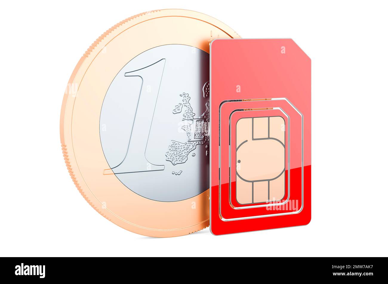 Sim card with euro coin, 3D rendering isolated on white background ...