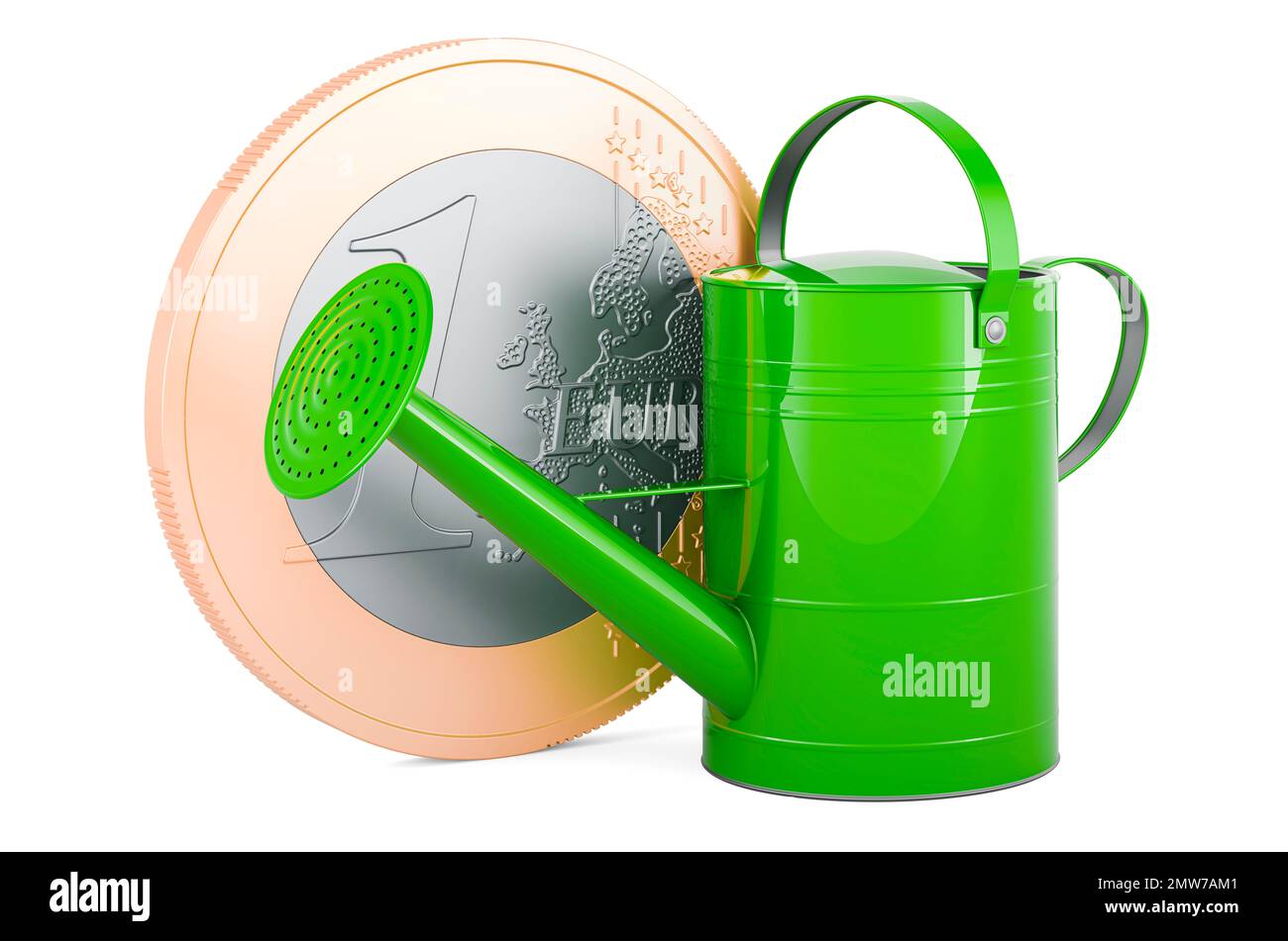 Watering can with euro coin, 3D rendering isolated on white background ...