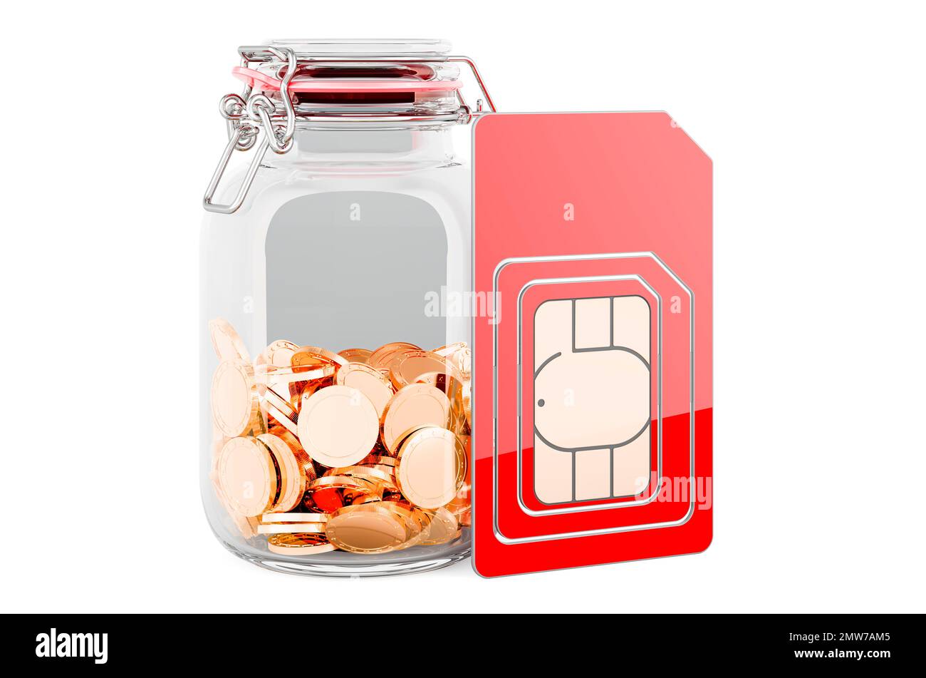 Sim card with glass jar full of golden coins, 3D rendering isolated on ...