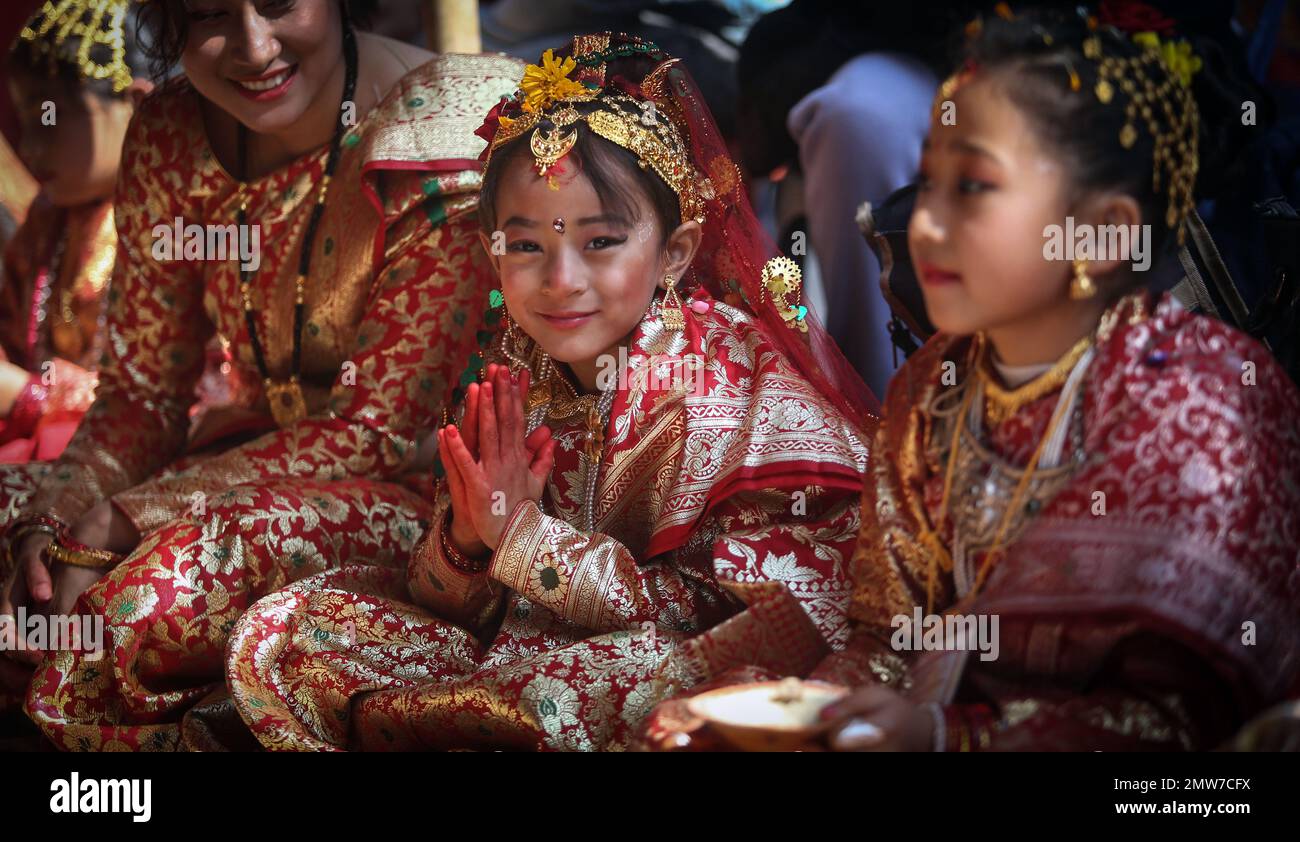 Kathmandu, Bagmati, Nepal. 1st Feb, 2023. Girls from Newar community ...