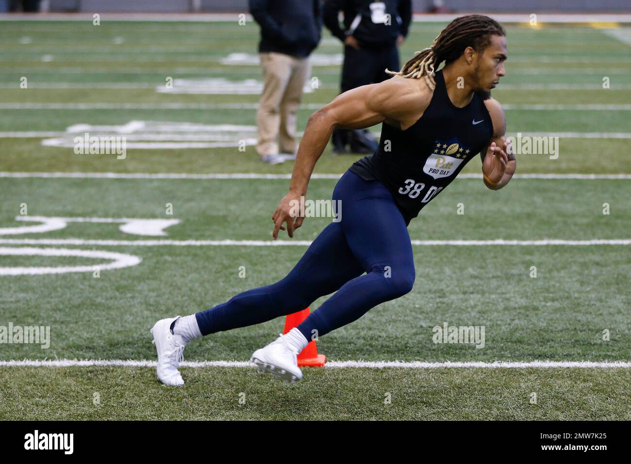 Defensive back Ryan Lewis (38) is timed in a shuttle run drill during ...