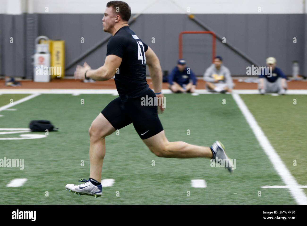 Linebacker Matt Galambos (47) is timed in the 40-yard-dash during ...