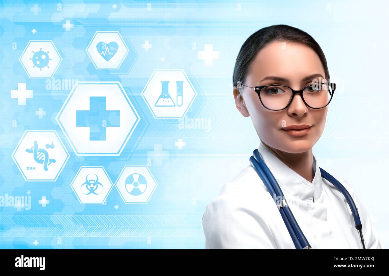 Female doctor on blue and white futuristic medical or biotech ...