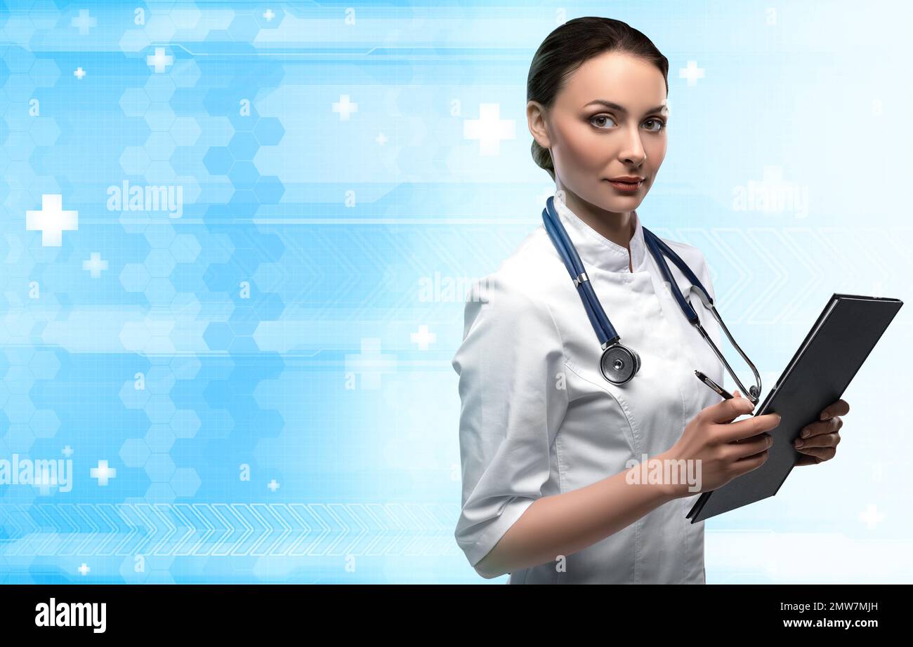 Female doctor on blue and white futuristic medical or biotech ...