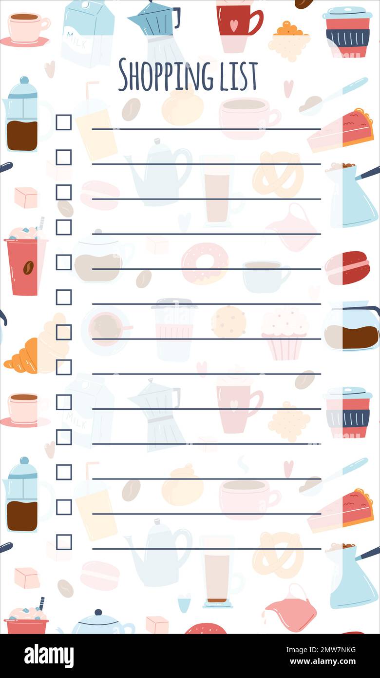 Vector shopping list template with coffee icons background. Memo pages ...