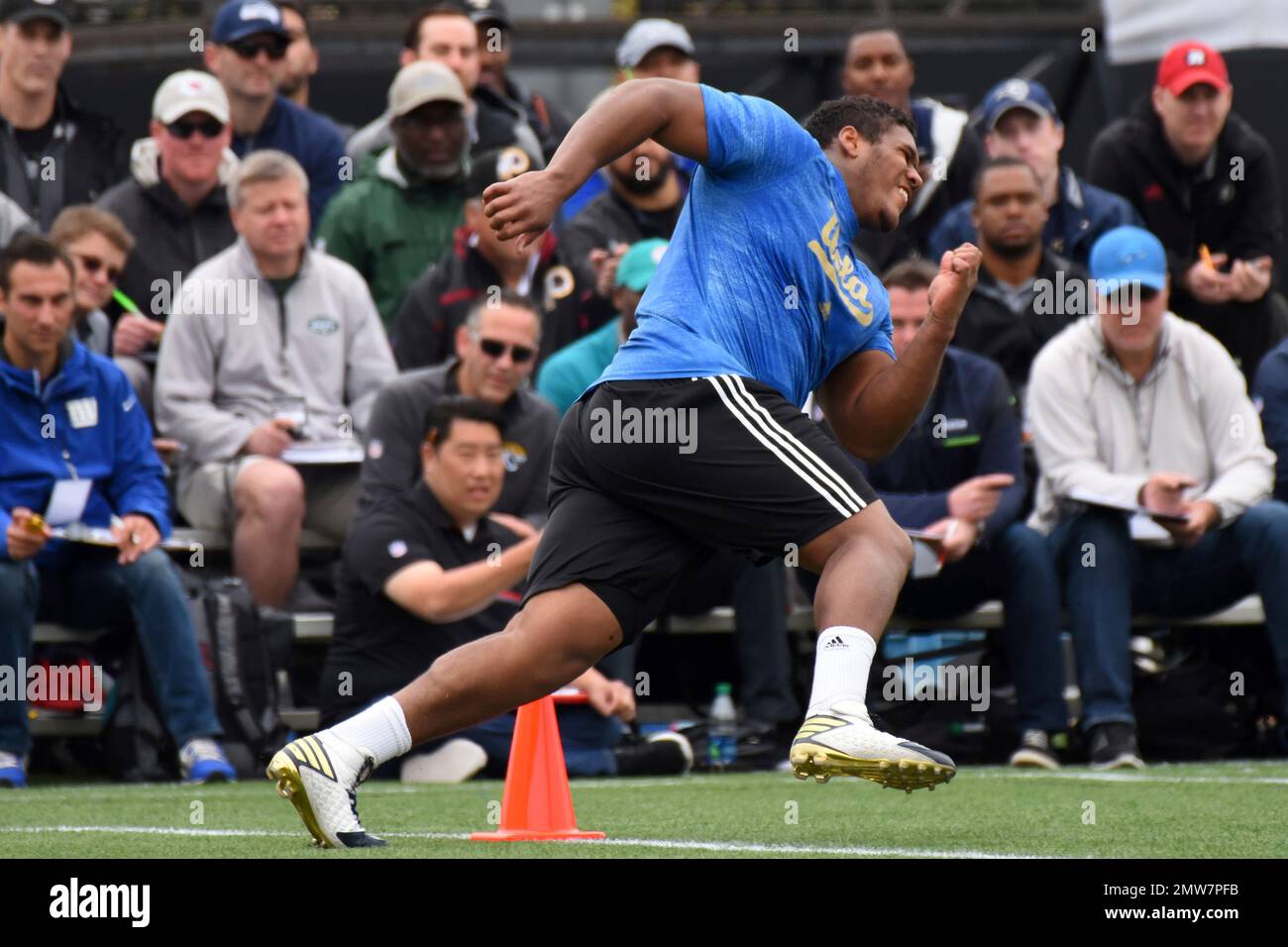UCLA defensive tackle Eli Ankou runs the 60-yard shuttle drill during ...