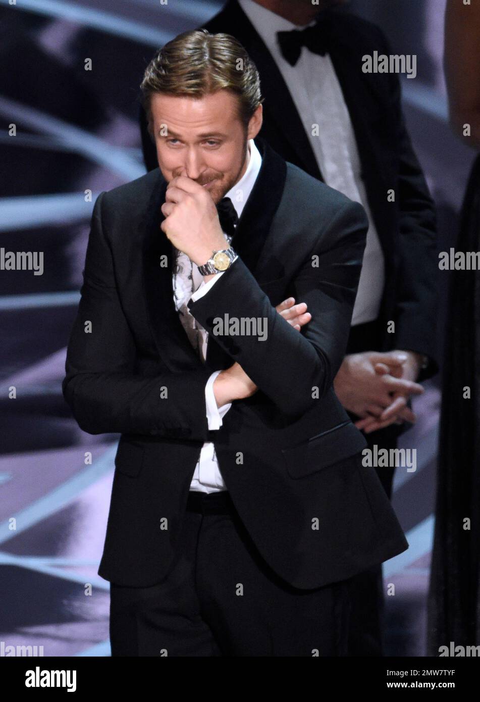 FILE - In this Feb. 26, 2017, file photo, Ryan Gosling reacts as ...