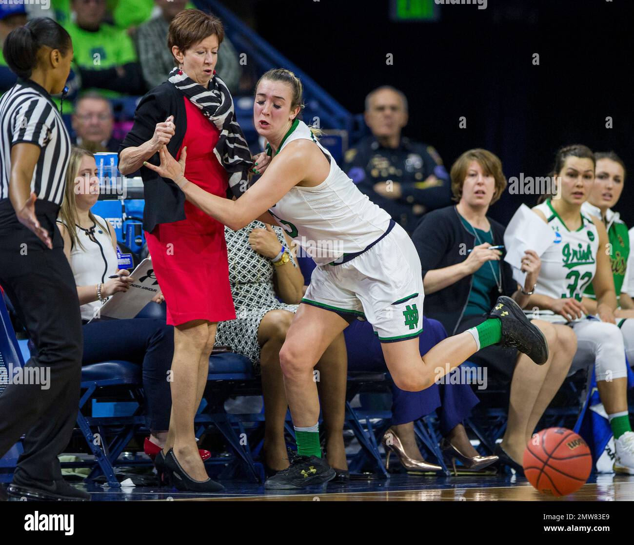 Notre Dame's Marina Mabrey runs into coach Muffet McGraw during the ...