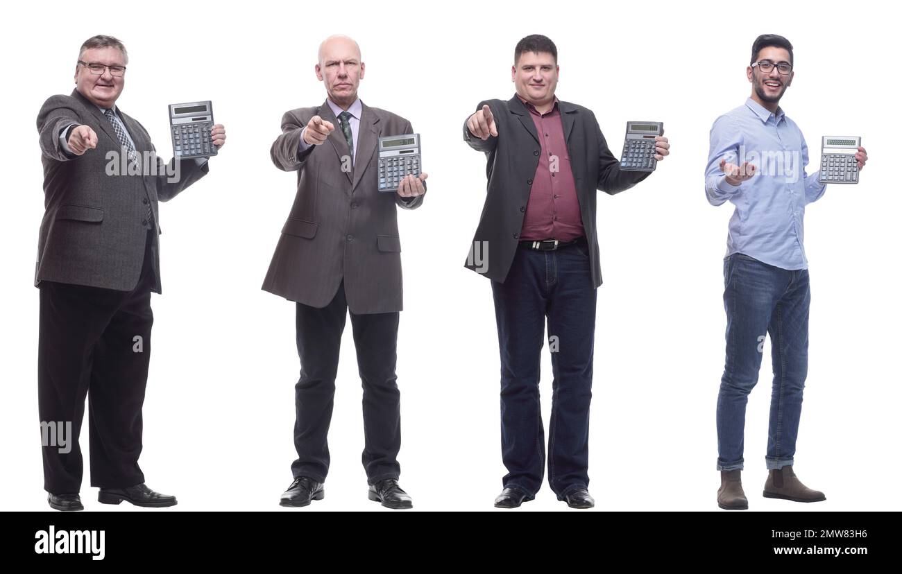 collage group of successful financiers with calculator isolated Stock ...