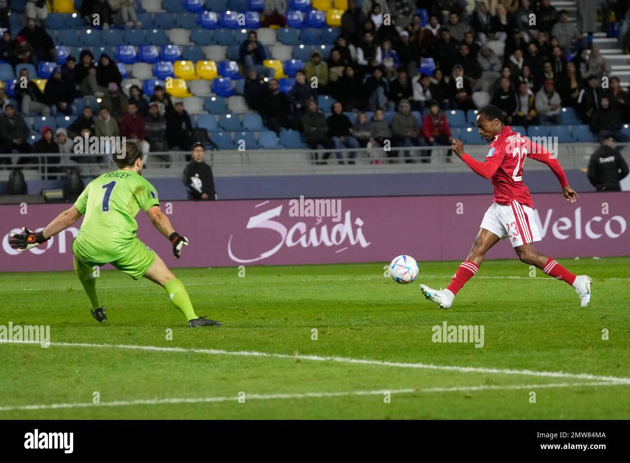 Al Ahly's Percy Tau scores his side's third goal past Auckland City's ...