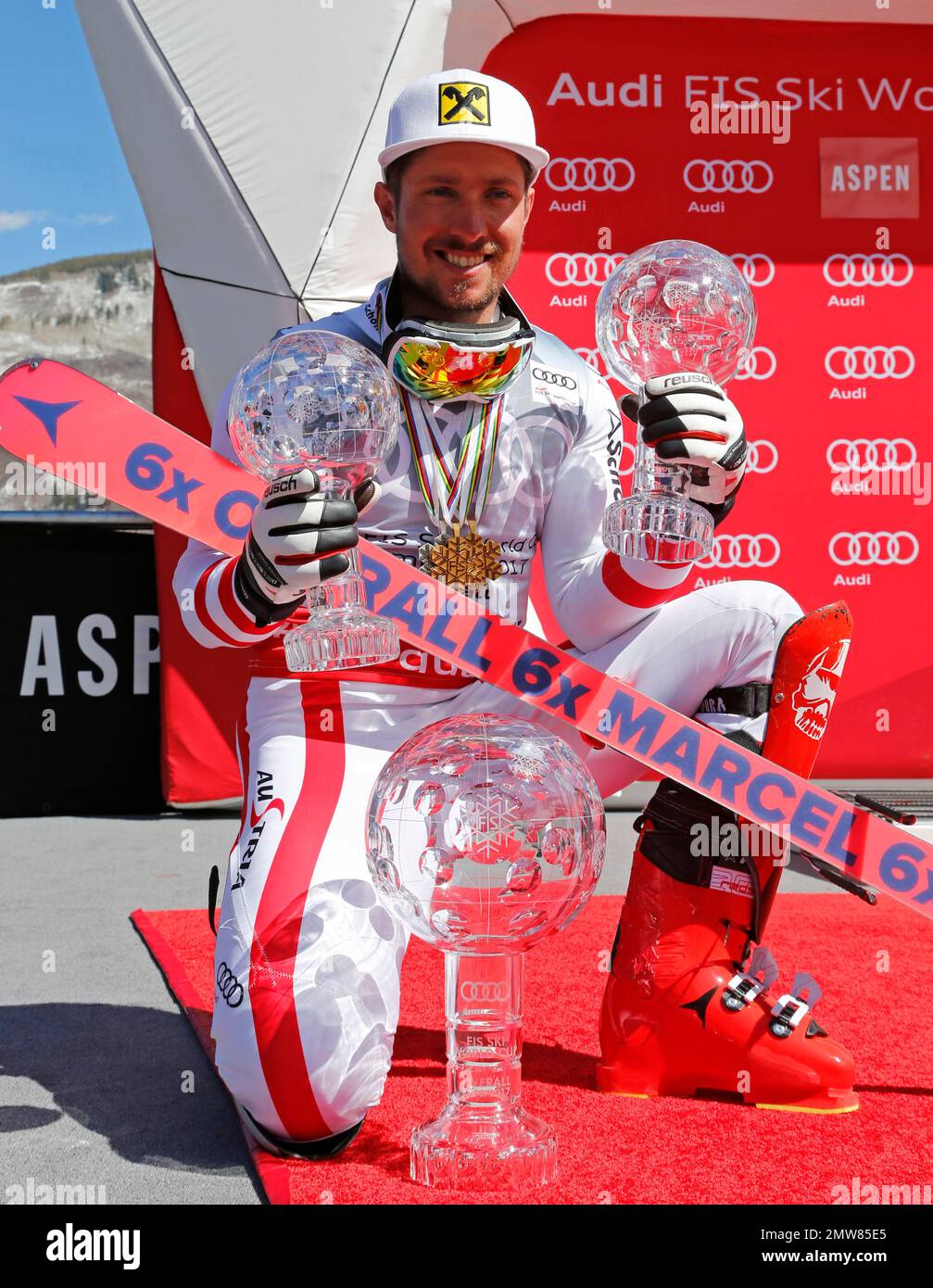World Cup overall men's 2017 champion Austria's Marcel Hirscher poses ...