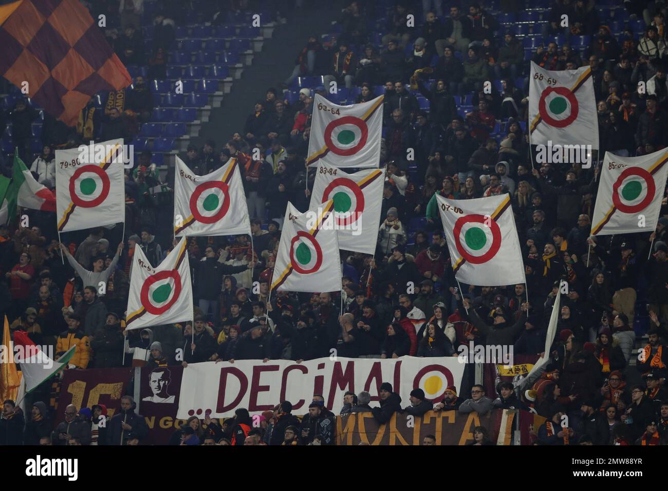 Rome, . 01st Feb, 2023. Rome, Italy 01.02.2023: AS ROMA flags ...
