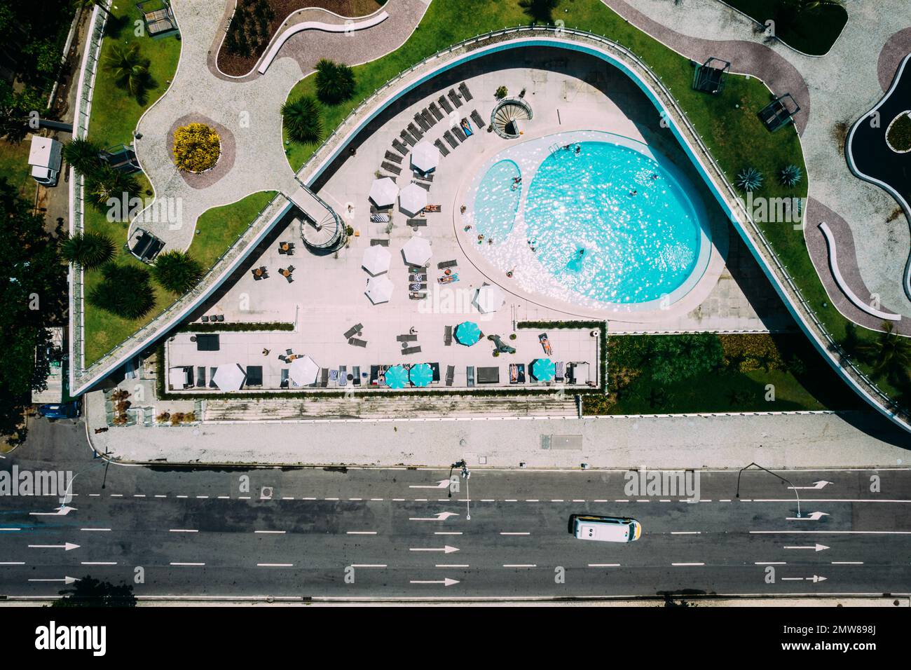 Top down aerial view of swimming pool and park at Hotel Nacional in Rio ...