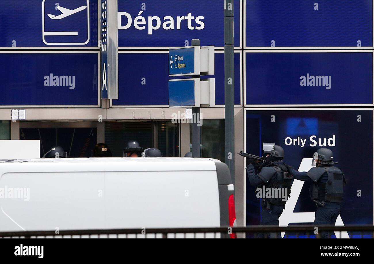 Elite police officer enter the Orly airport departure terminal, south ...