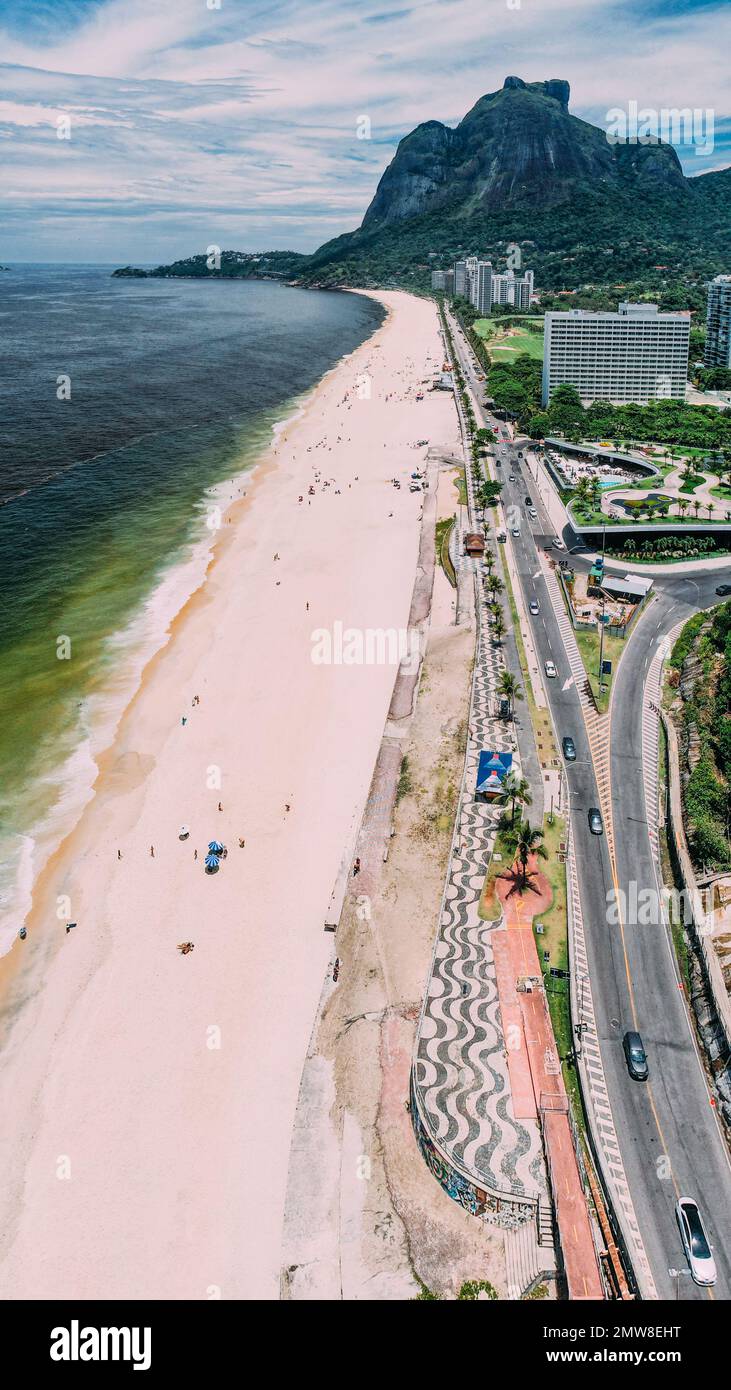 Aerial vertical panorama of Gavea Beach in Sao Conrado, Rio de Janeiro ...
